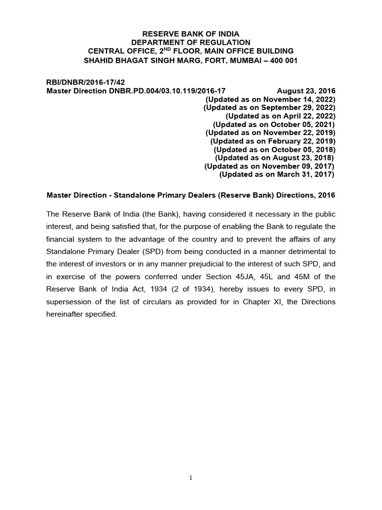 Standalone Primary Dealers (Reserve Bank) - Directions | PDF ...