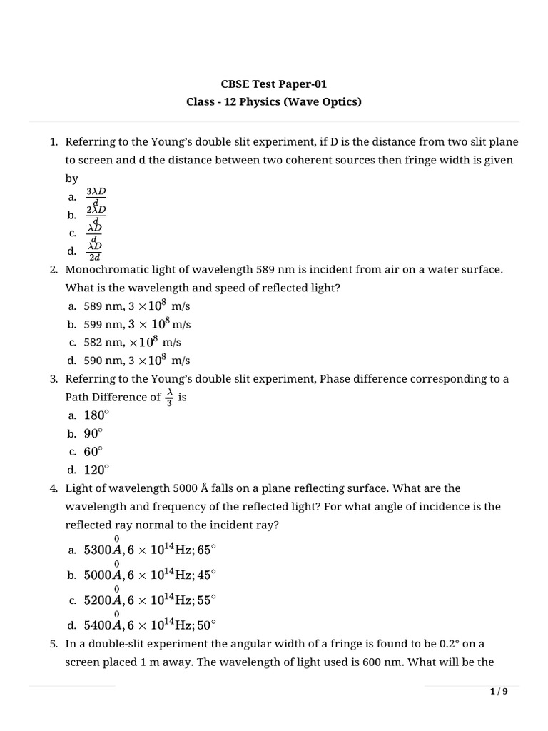 WaveOptics Paper 01 | PDF | Wavelength | Diffraction