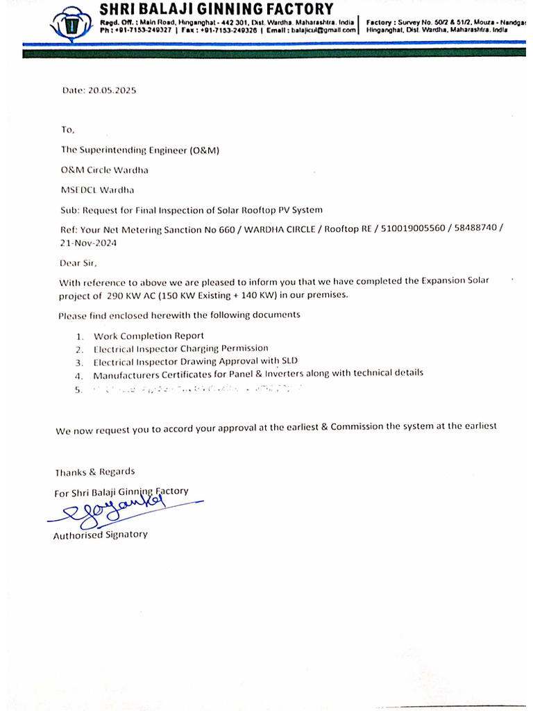 Request For Final Inspection Letter-Balaji Ginning | PDF