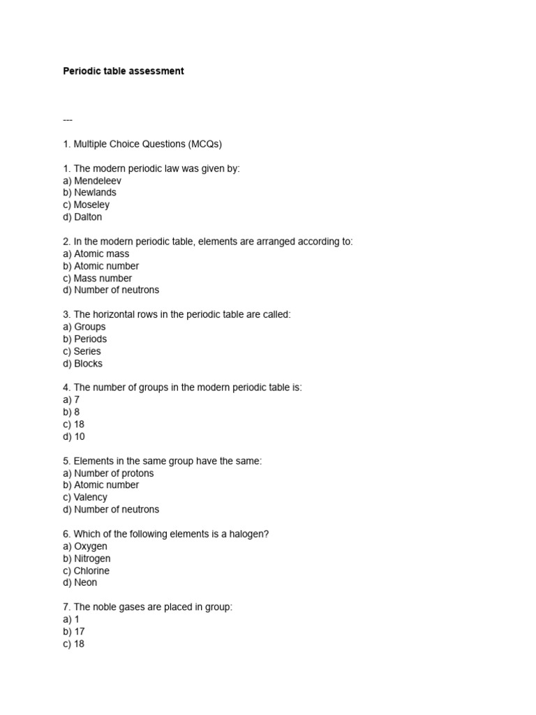Periodic Table Assessment | PDF | Periodic Table | Chemical Elements