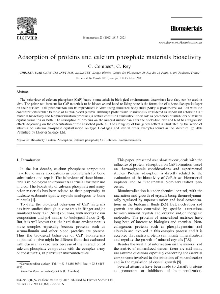 Adsorption of Proteins and Calcium Phosphate Materials Bioactivity - 2002 - Biomaterials | PDF ...
