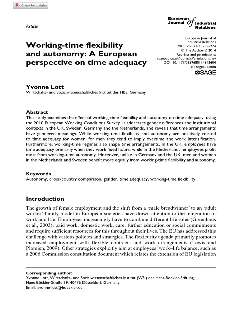 Lott 2014 Working Time Flexibility and Autonomy A European Perspective ...