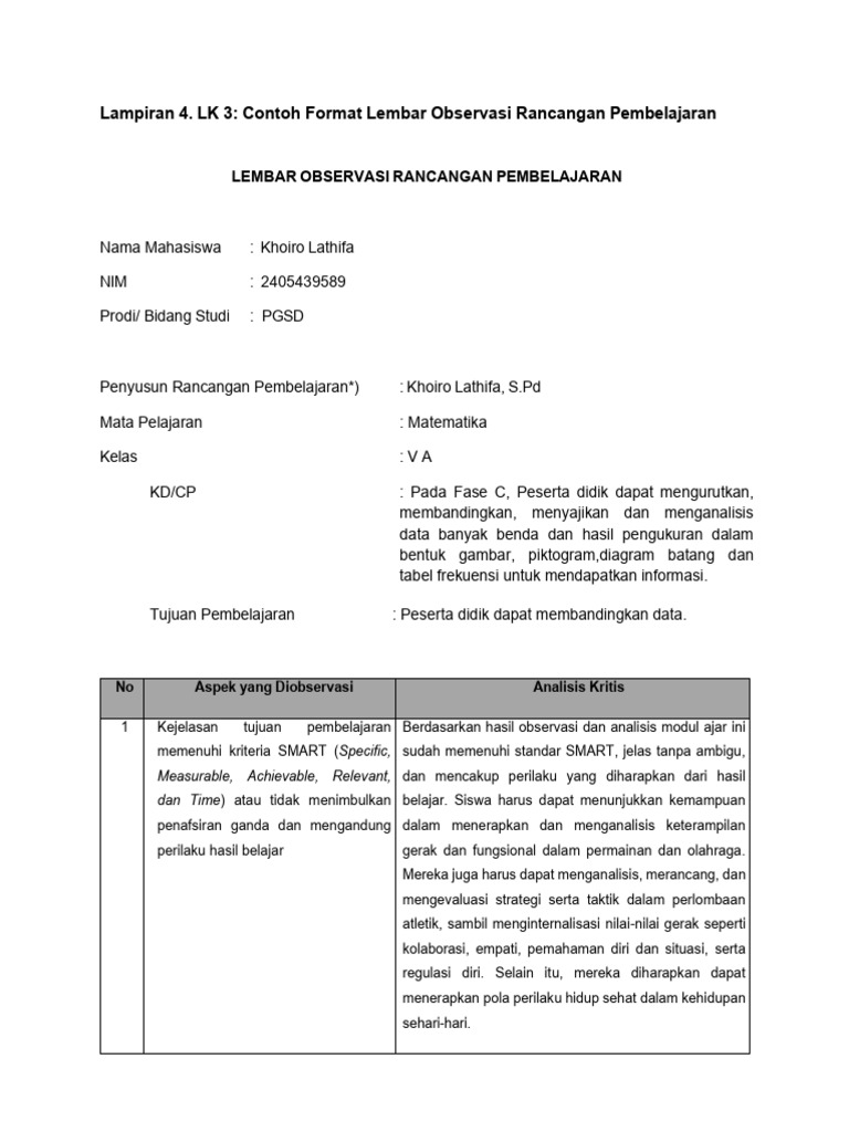 LK 3 - Lembar Observasi Rancangan Dan Perangkat Pembelajaran - Siklus 1 PPL II | PDF