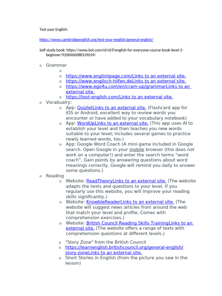 Resources To Improve Your English | PDF | Reading Comprehension | Vocabulary