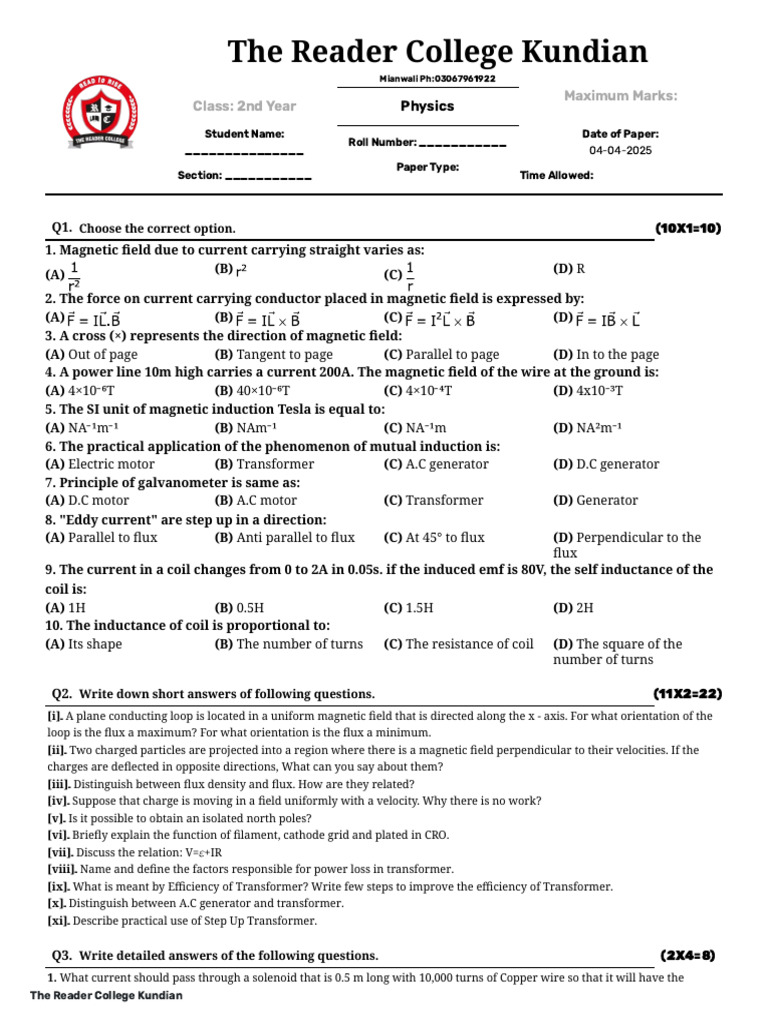 Custom Paper - Physics | PDF | Transformer | Magnetic Field