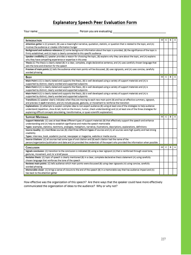 Explanatory Speech Peer Evaluation Form | PDF | Speech | Gesture