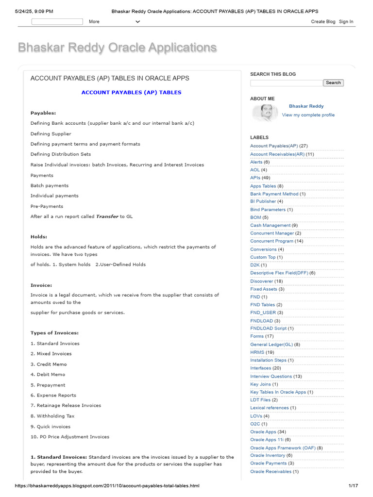 Oracle Applications - ACCOUNT PAYABLES (AP) TABLES IN ORACLE APPS | PDF | Accounts Payable ...