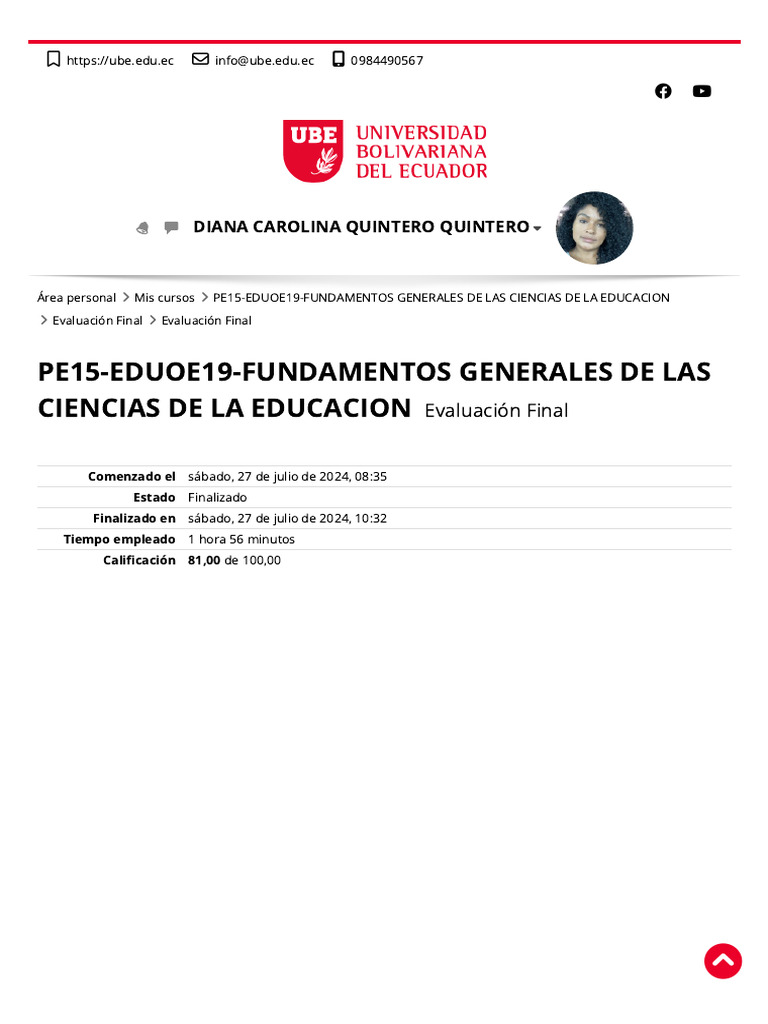 Examen Final Revisi N Del Intento EVA UBE PDF | PDF | Aprendizaje | Evaluación