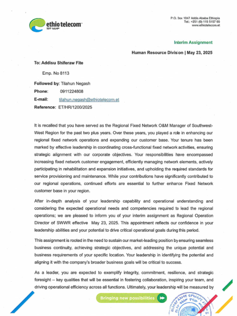 SWWR - Operational Director Assignment - Addisu Shiferaw | PDF