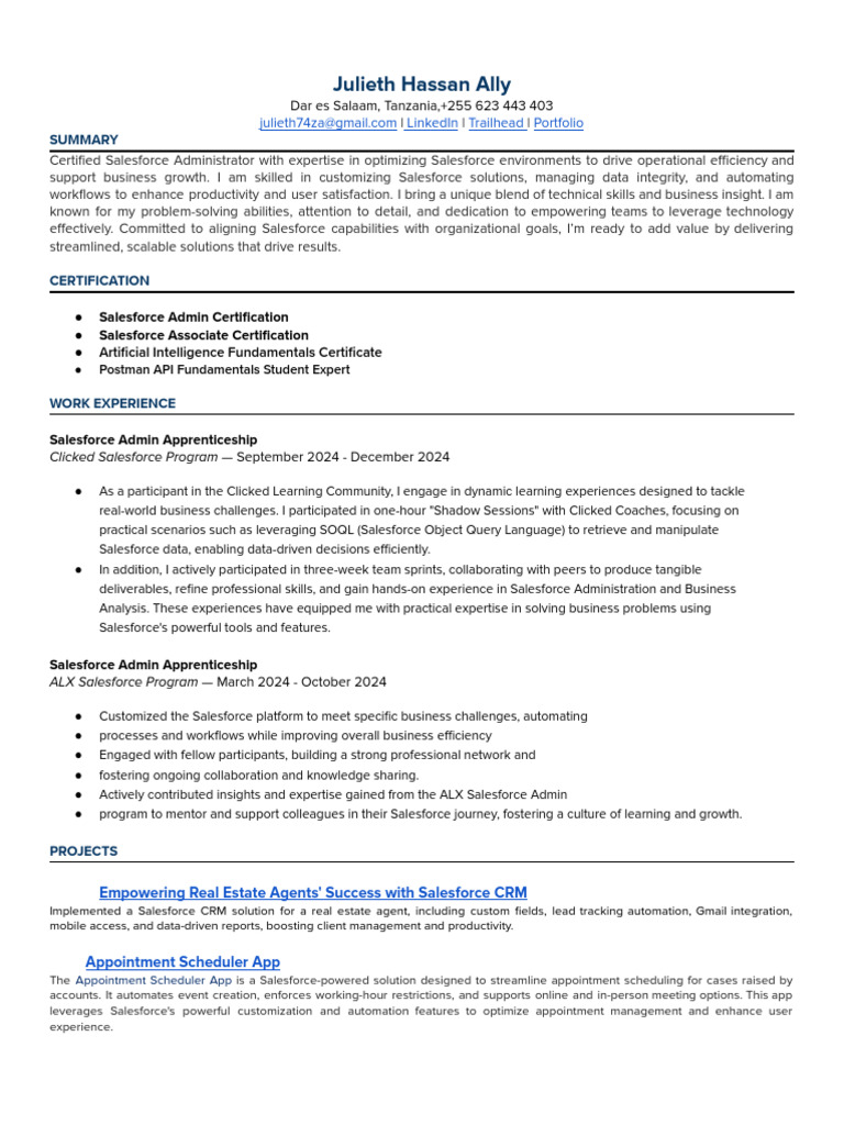 Julieth Hassan Ally Resume (1) 2 | PDF | Customer Relationship Management | Business