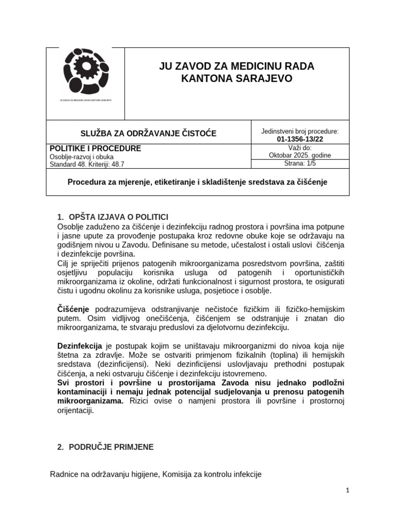 Procedure Za Mjerenje Etiketiranje Skladistenje I Odgovarajuce Koristenje Sredstava Za Ciscenje ...