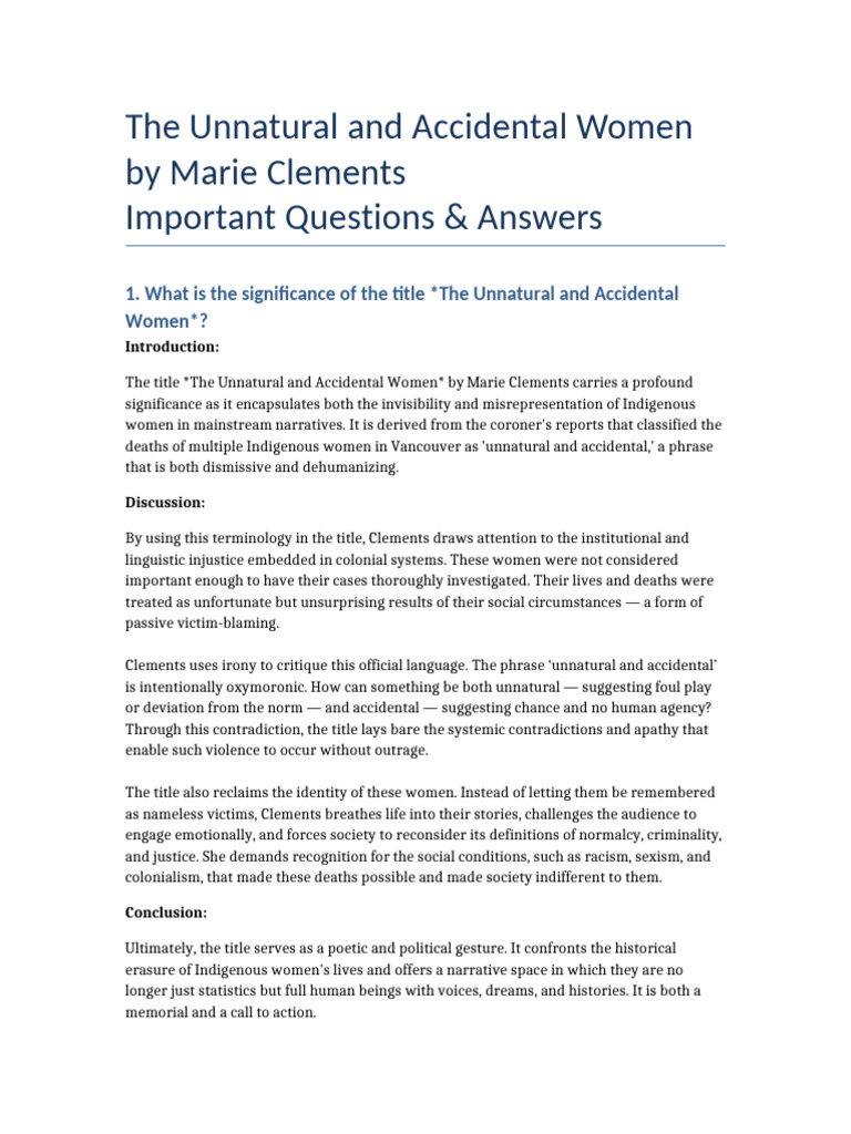 The Unnatural and Accidental Women Expanded QA | PDF | Storytelling ...