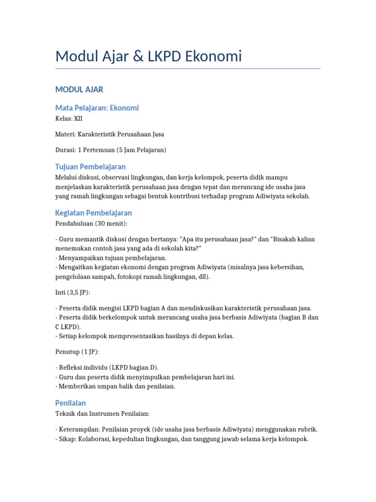 Modul Ajar Dan LKPD Ekonomi Adiwiyata | PDF