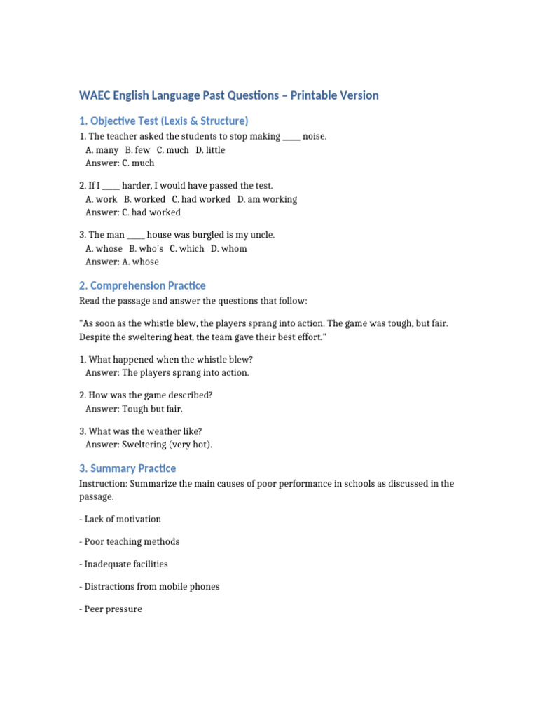 WAEC English Past Questions Printable | PDF