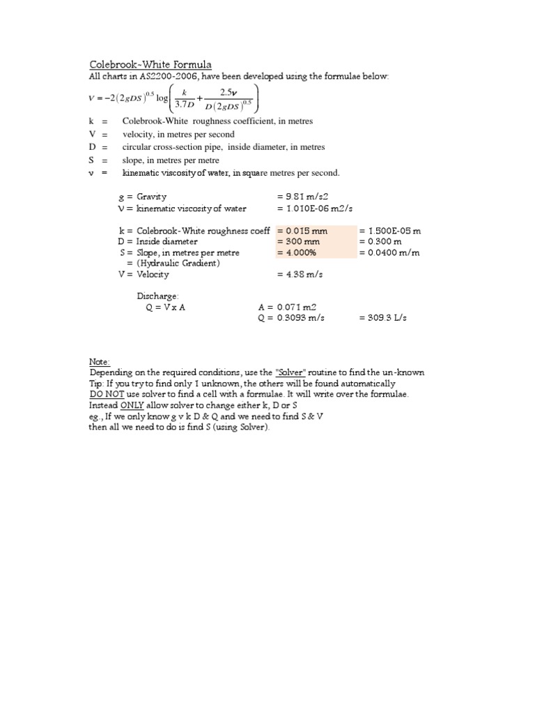 Colebrook White Formula