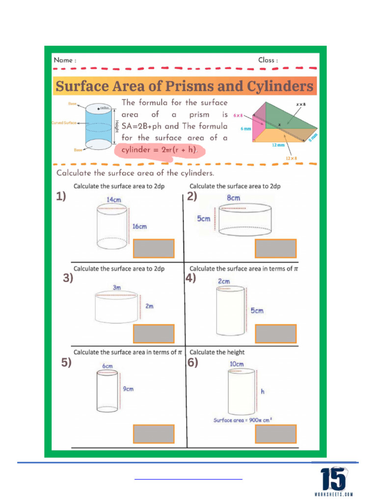 Surface Area of Prisms and Cylinders Worksheet | PDF