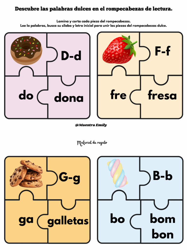 Tarjetas Palabras Dulces Rompecabezas de Lectura Colorido | PDF