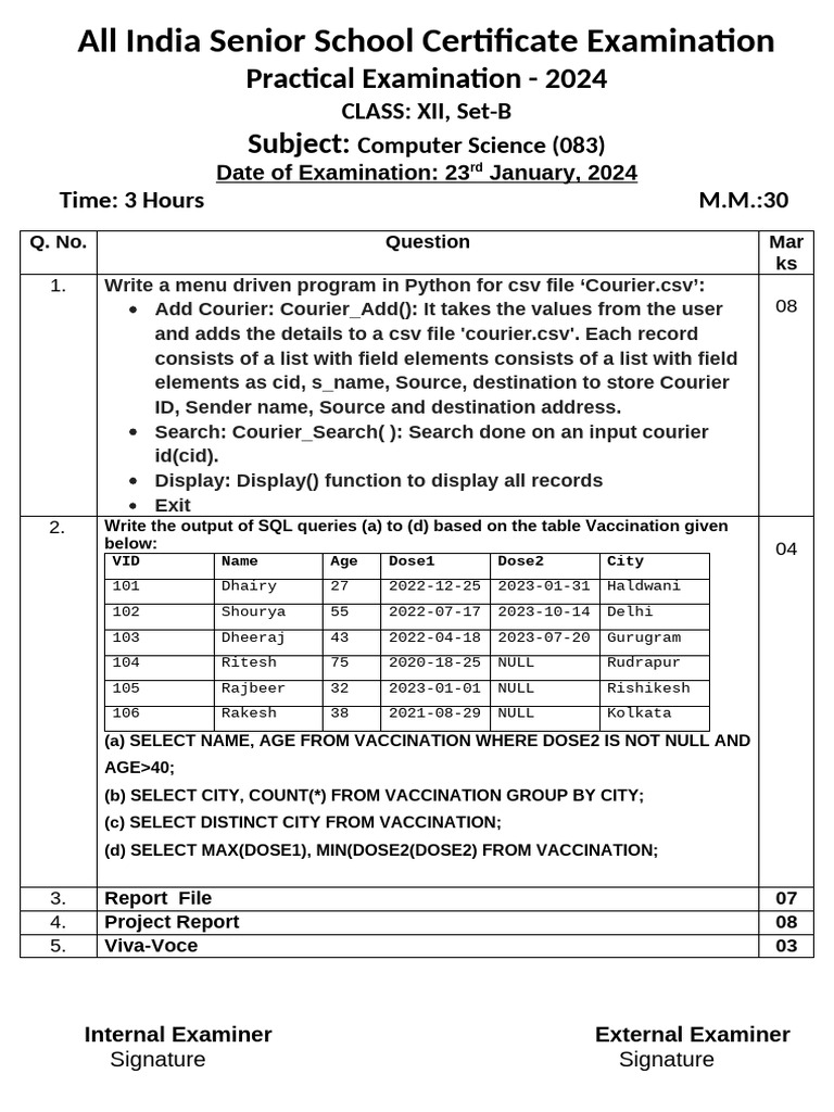 ASSCE CS Practical Exam Question Paper 2023-24 Set 2 | PDF | Data Management Software | Computer ...