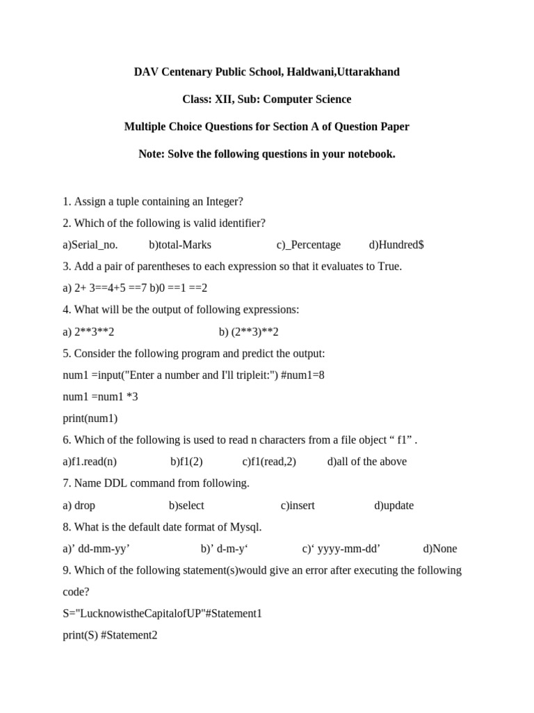 Computer Science Class XII MCQ Session-2022-23 | PDF | Databases | Computer Programming