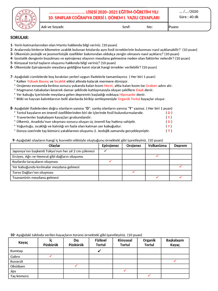 10 Sinif 1 Donem 1 Yazili Cevap Anahtari 2021 | PDF