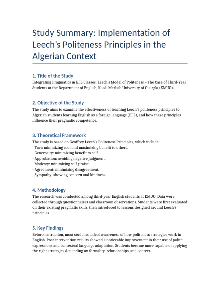 Refined Leech Politeness Study Summary | PDF