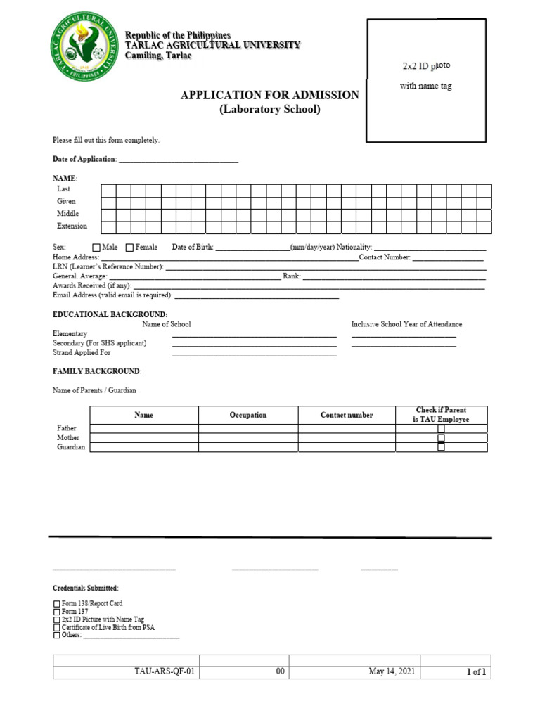 TAU ARS QF 01 Application For Admission For Laboratory School Fillable | PDF | Authentication ...