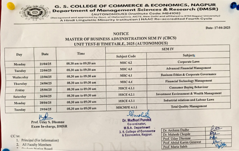 Unit Test II Timetable Sem IV | PDF | Business | Economies