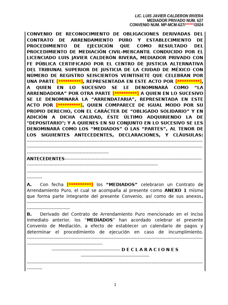 Modelo Convenio Arrendamiento SOFOM | PDF | Mediación | México