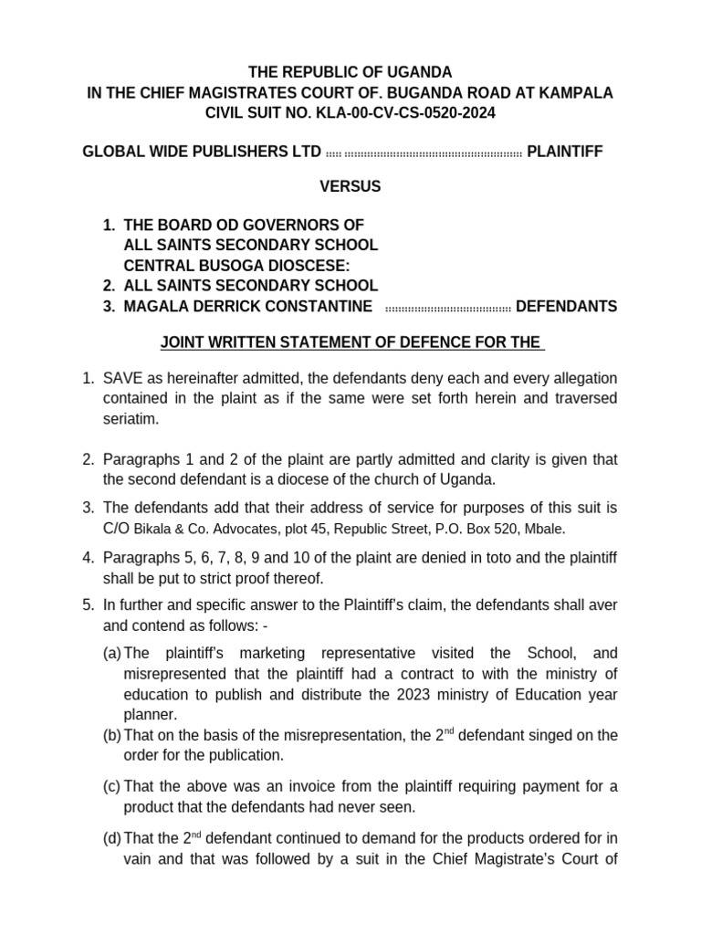 Joint Written Statement of Defence | PDF | Lawsuit | Damages