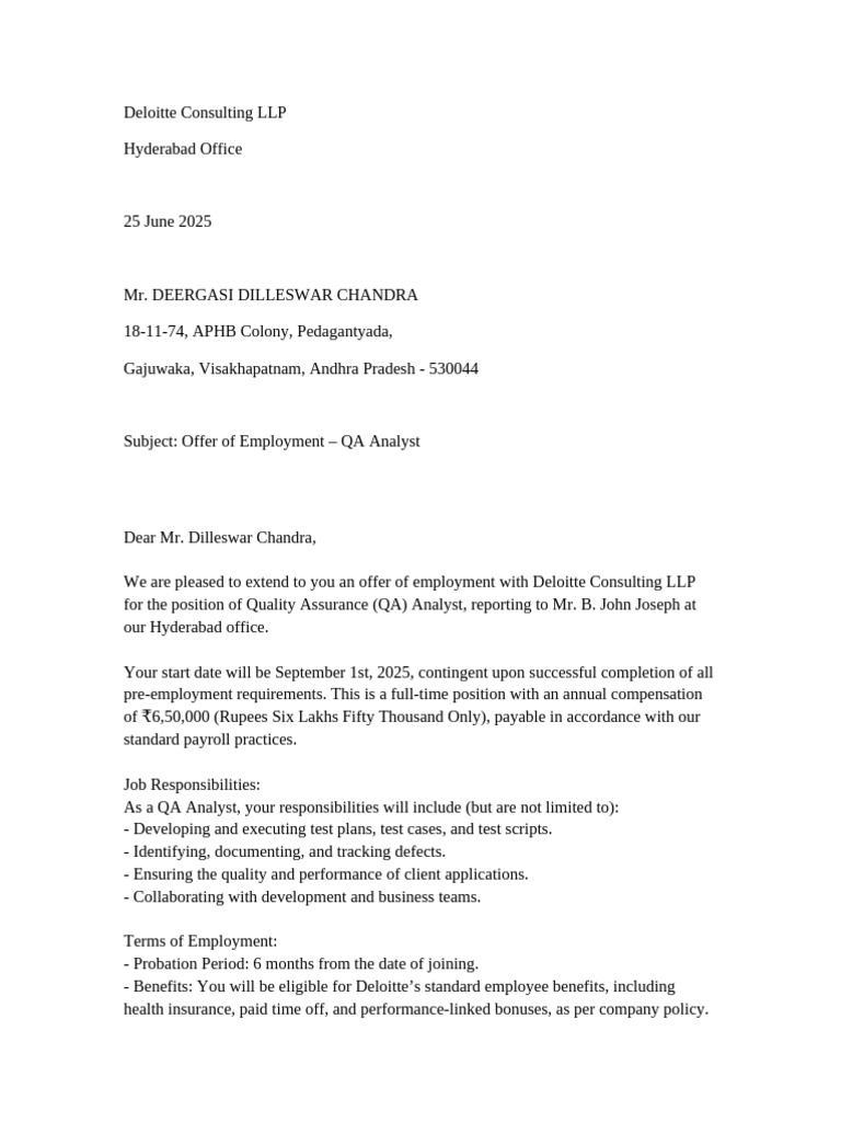 Deloitte QA Analyst Offer Letter | PDF
