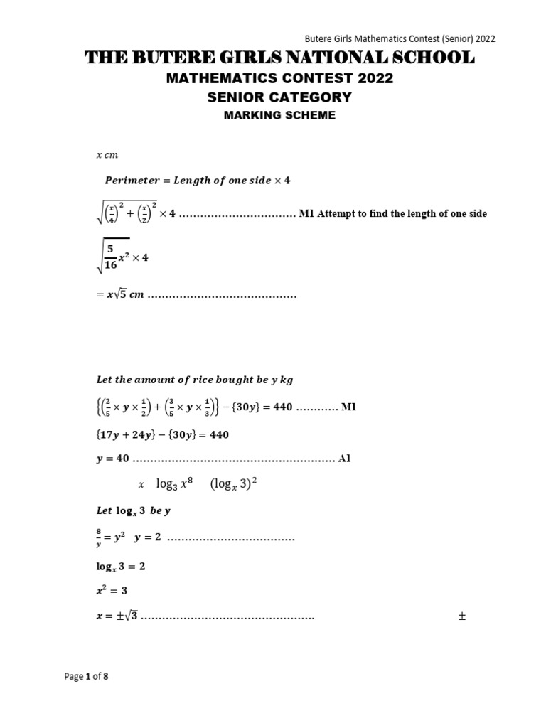 Butere Girls Math Contest 2022 Marking Scheme | PDF | Circle | Latitude