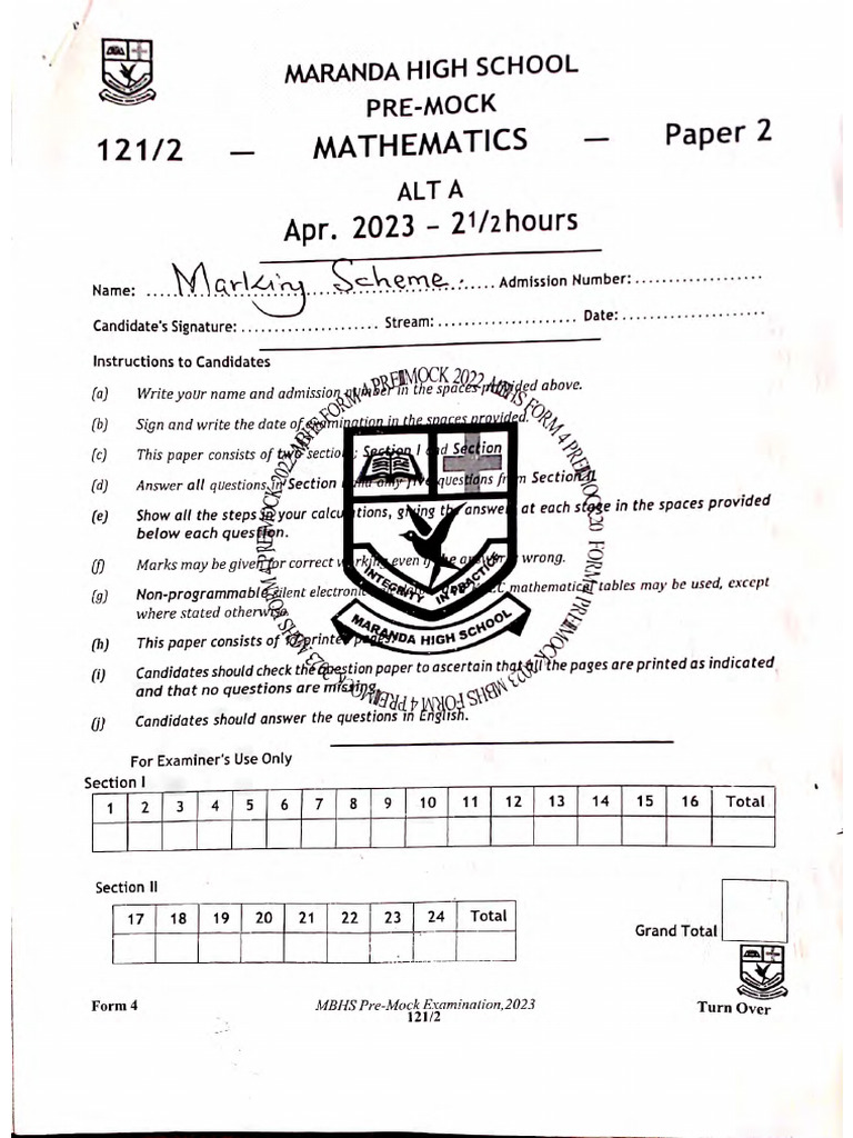 2023 Maranda Pre-Mock Maths Pp2 Ms | PDF