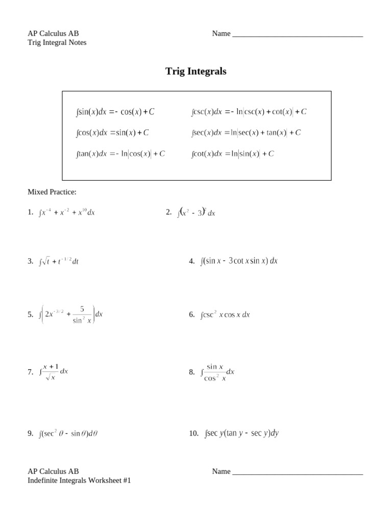 Trig Integrals Worksheet For Calculus 2 Level | PDF