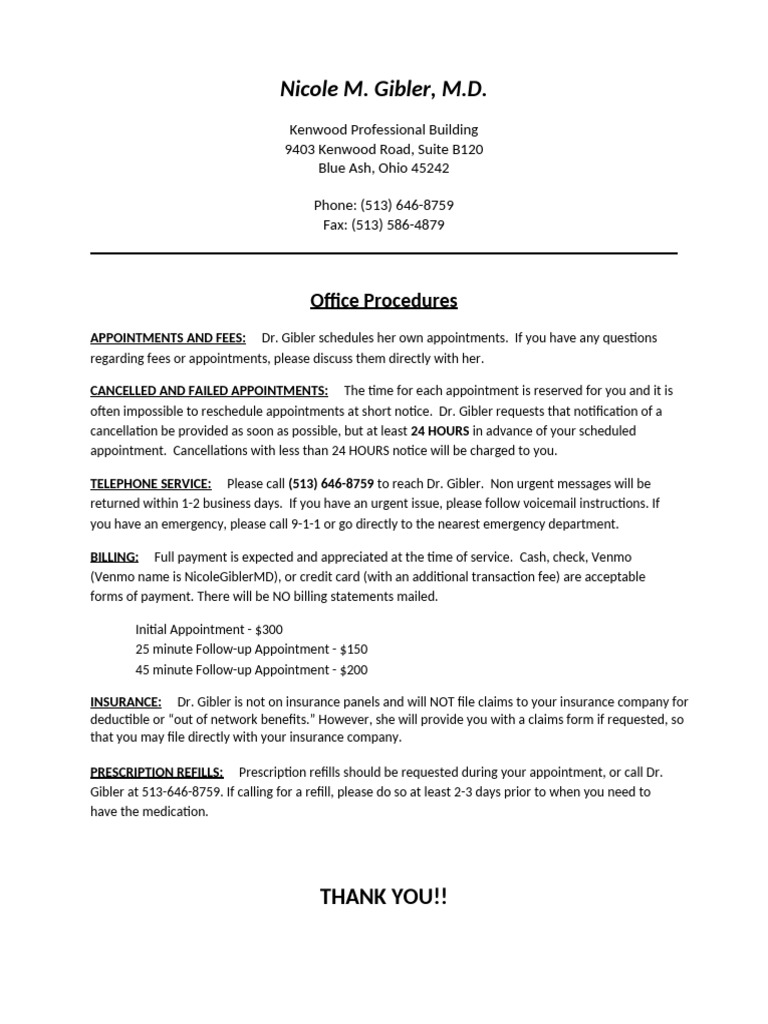 Office Procedures - Nicole M. Gibler, M.D | PDF