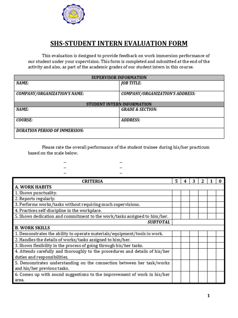 Evaluation Form Work Immersion | PDF | Skill | Organizational Behavior