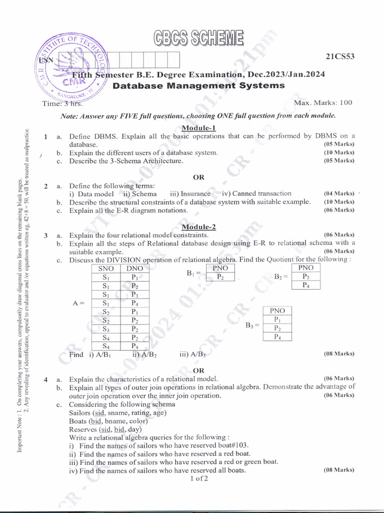 Vtu Exam Question Paper With Solution Of 21cs53 Database Management