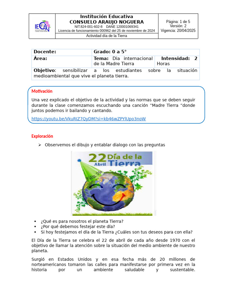 Actividad Dia de La Tierra | PDF | Tierra | Conocimiento