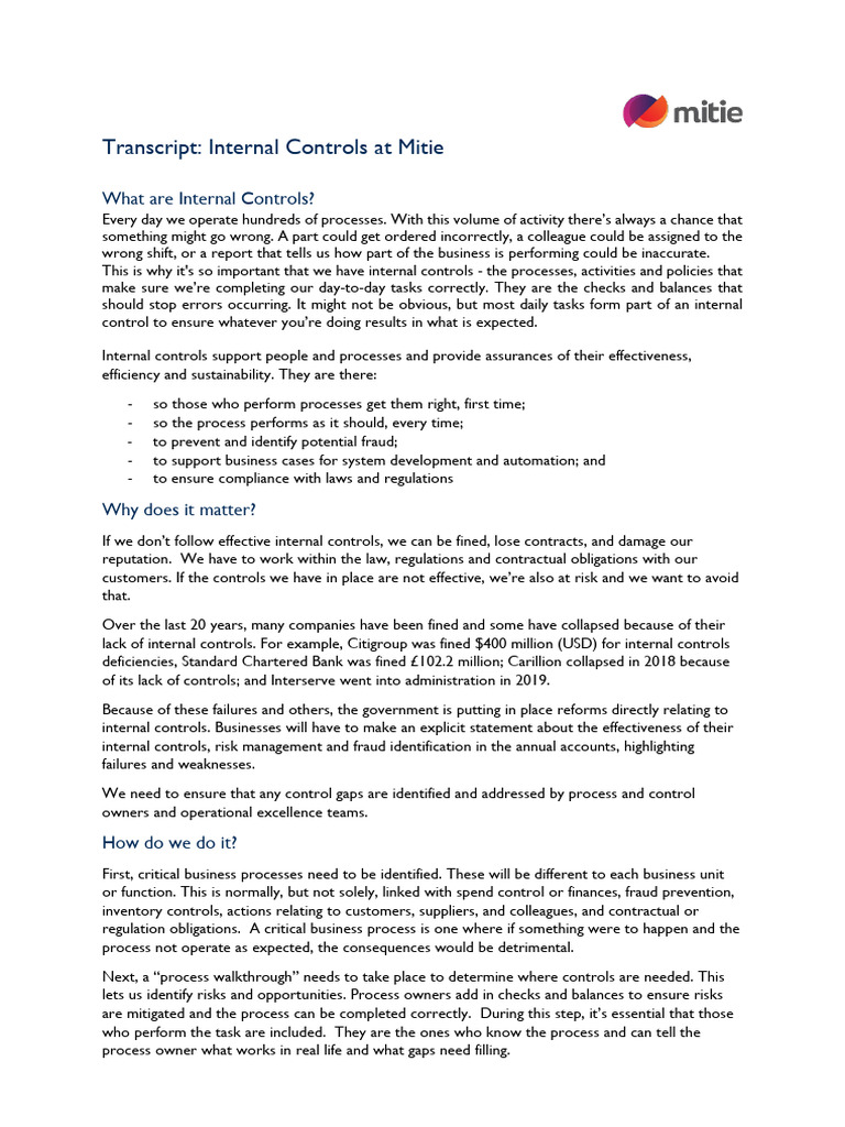 Internal Controls Video Transcript | PDF | Internal Control | Risk