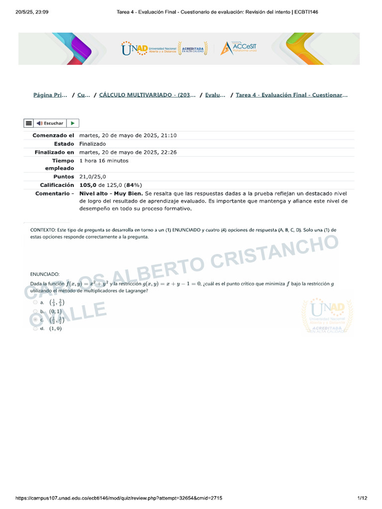 Calculo Multivariable - Parcial Unad | PDF