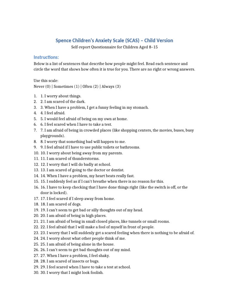 Spence Children Anxiety Scale SCAS Child Version | PDF | Phobia | Agoraphobia