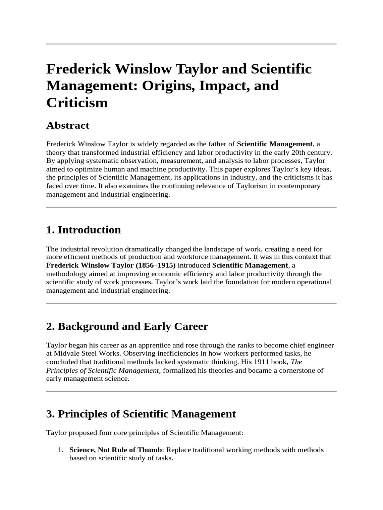 Frederick Winslow Taylor and Scientific Management: Origins, Impact ...