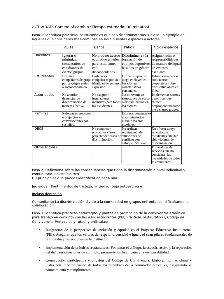 Actividad Camino Al Cambio | PDF | Inclusión (Educación) | Discriminación