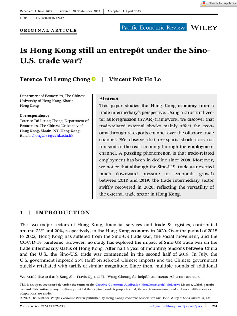 Pacific Economic Review - 2023 - Chong - Is Hong Kong Still An Entrep T ...