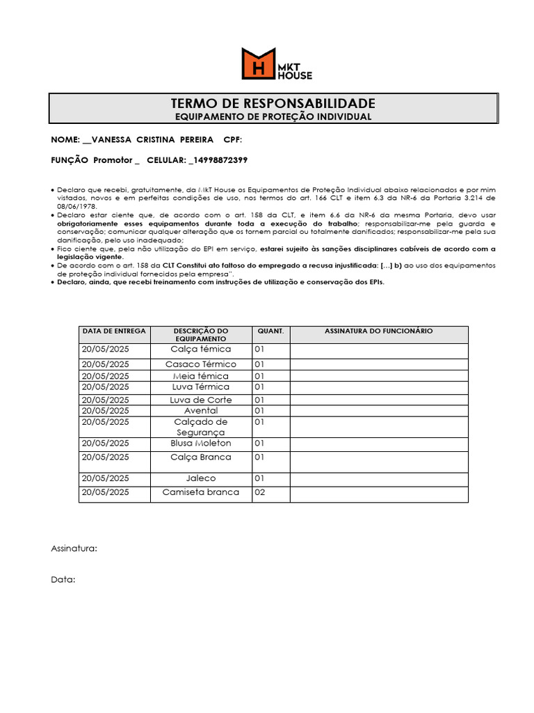 Termo de Responsabilidade de Uso de EPI 1 | PDF