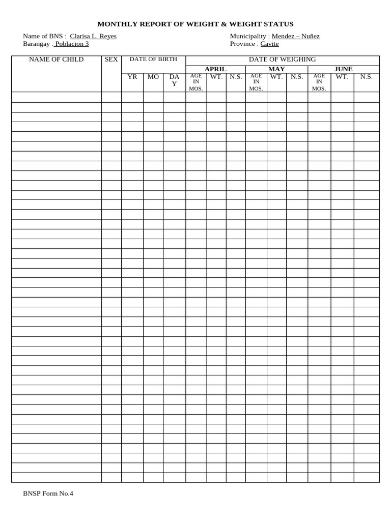 Bns Monthly Acc - Report Form | PDF | Nutrition | Diet & Nutrition