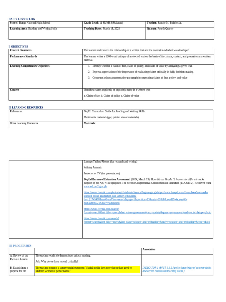 BOLAÑOS - DLL With Annotations | PDF | Learning | Teachers