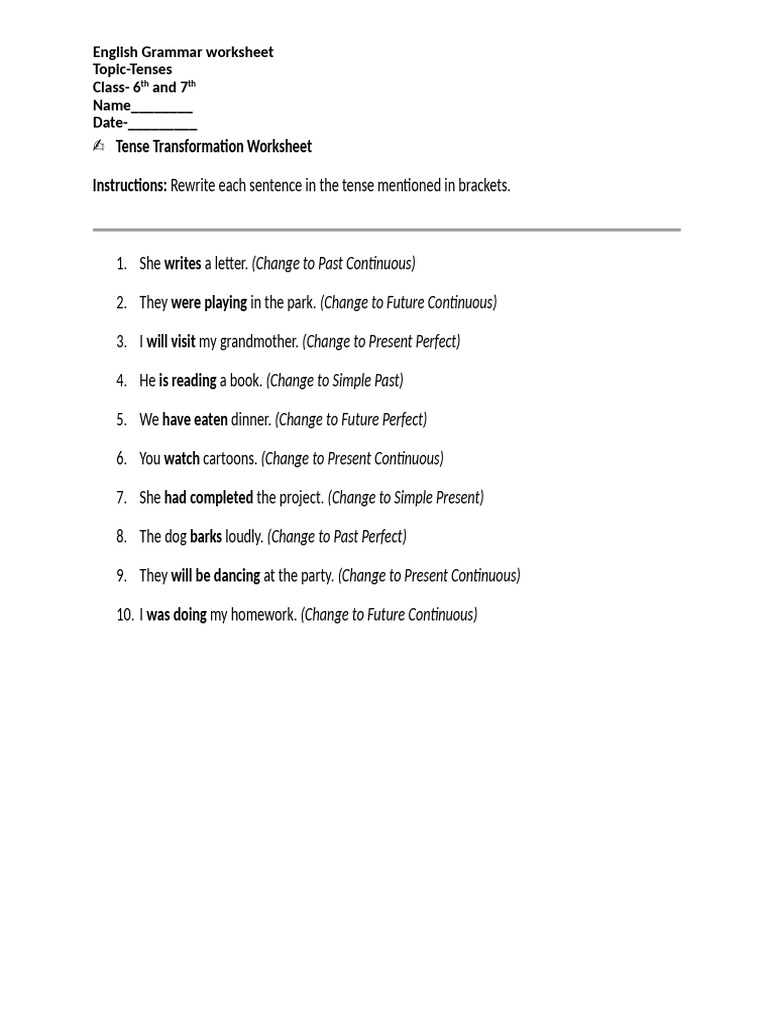 Tense Transformation Worksheet for Grades 6-7 | PDF