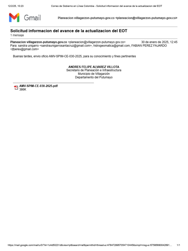 Correo de Gobierno en Línea Colombia - Solicitud Informacion Del Avance de La Actualizacion Del ...