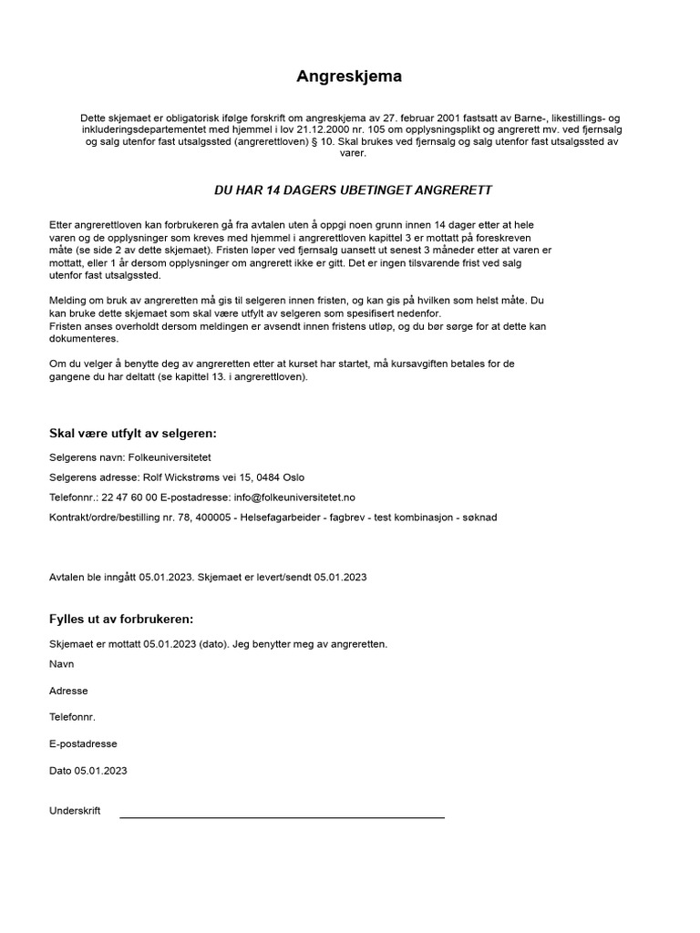 Angrerettskjema | PDF