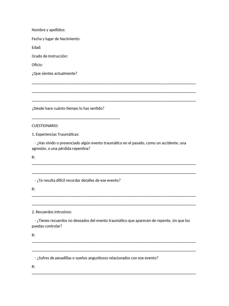 Custionario para Entrevista Estructurada Presume Tept | PDF | Las emociones | Experiencia subjetiva